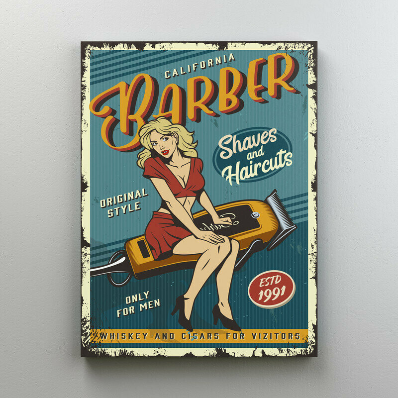 Интерьерная картина на холсте "Винтажный постер в стиле пин ап для барбершопа" размер 22x30 см
