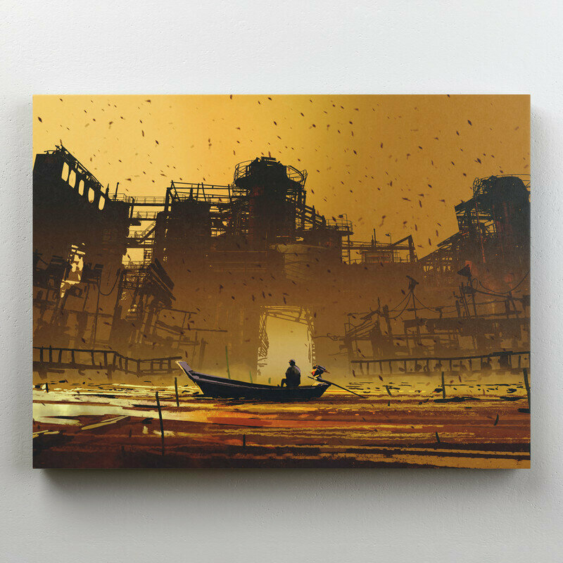 Интерьерная картина на холсте "Мужчина плывёт на лодке через руины зданий" размер 30x22 см