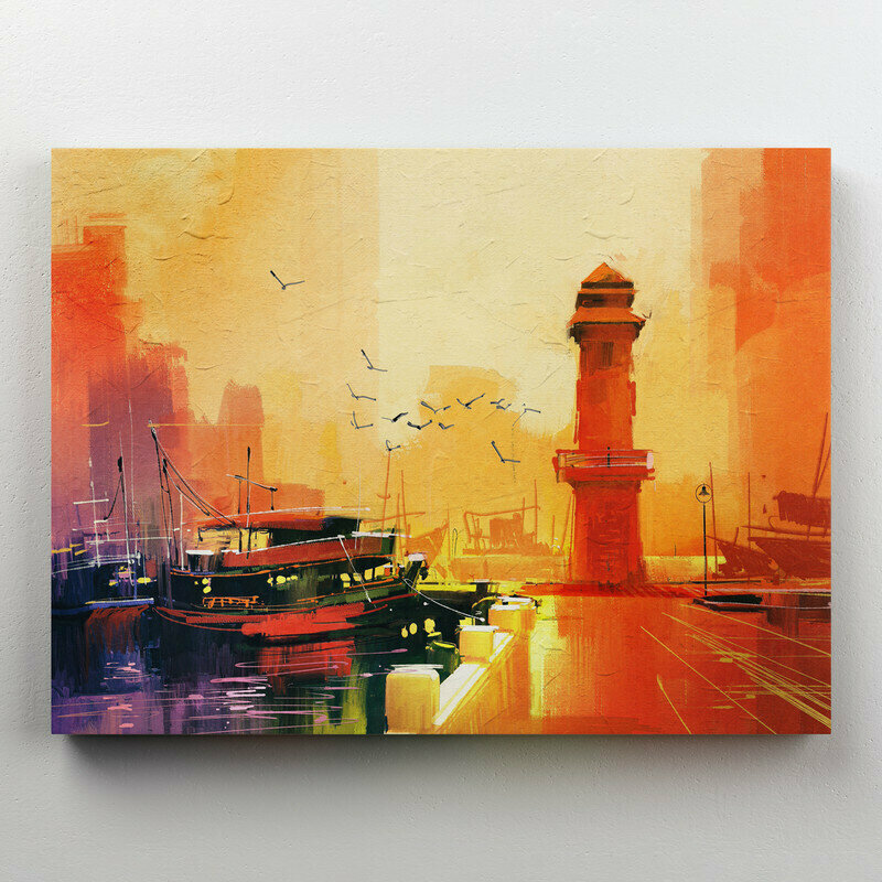 Интерьерная картина на холсте "Масляная живопись - маяк и рыбацкая лодка на закате" размер 40x30 см