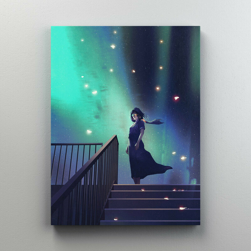 Интерьерная картина на холсте "Женщина в темно-синем платье, стоящая на лестнице на фоне красивого звездного неба" размер 22x30 см