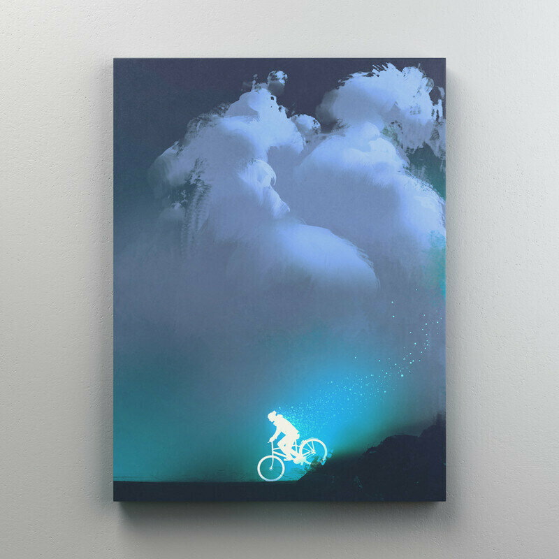 Интерьерная картина на холсте "Неоновый велосипедист в горах на облаках" размер 30x40 см
