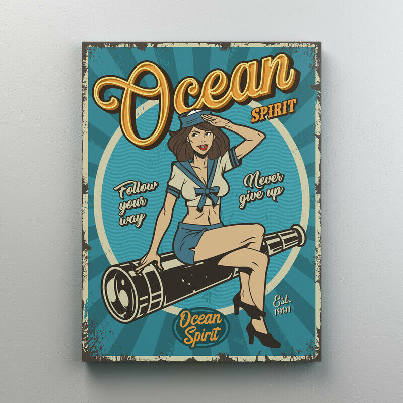 Интерьерная картина на холсте "Винтажный постер - девушка морячка пин-ап" размер 22x30 см