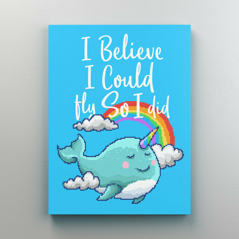 Интерьерная картина на холсте "Детский постер - пиксельный кит и радуга" размер 45x60 см