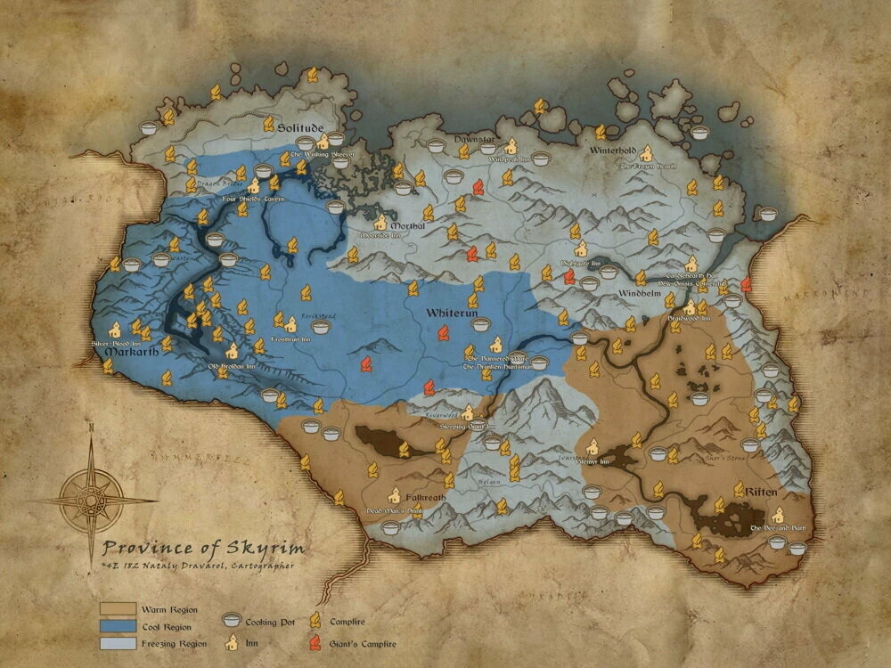 Плакат, постер Skyrim, Скайрим-Игровая карта на бумаге, размер 21х30см