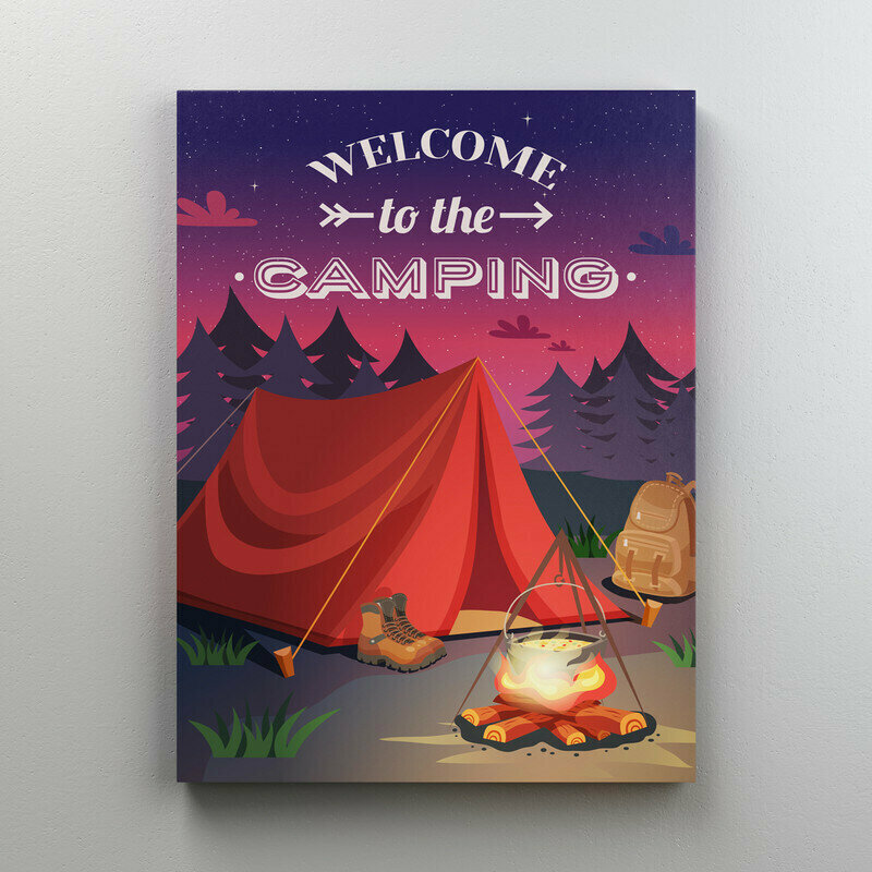 Интерьерная картина на холсте "Винтажный постер - Добро пожаловать в палаточный лагерь" размер 22x30 см
