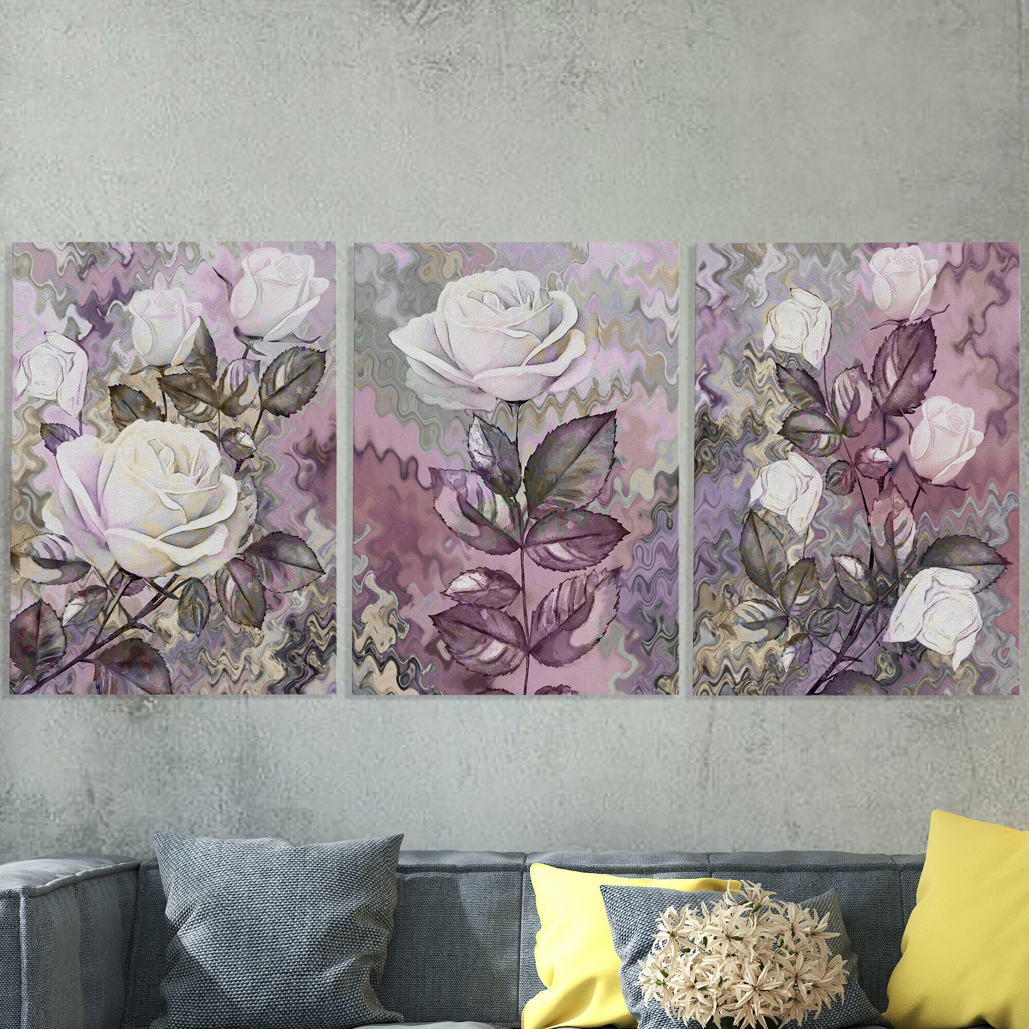 Модульная картина для интерьера "Белые розы", большая, на стену, в наборе 3 вертикальные картины, размер каждой 30х45 см, общий размер 90х45 см.