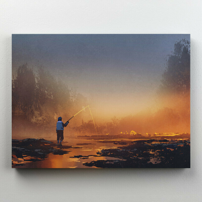 Интерьерная картина на холсте "Мужчина рыбачит на туманной реке" размер 30x22 см