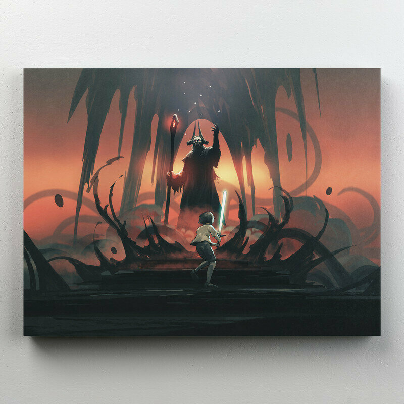 Интерьерная картина на холсте "Маленький храбрый ребенок борется с демоном" размер 40x30 см