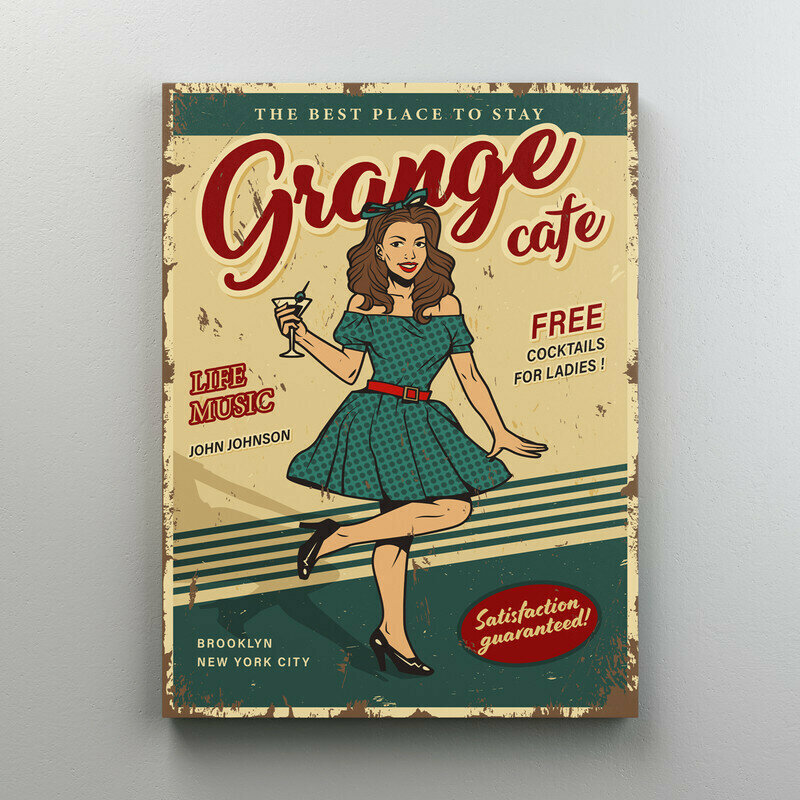 Интерьерная картина на холсте "Винтажный постер - Гранж кафе с девушкой в стиле пин ап" размер 22x30 см