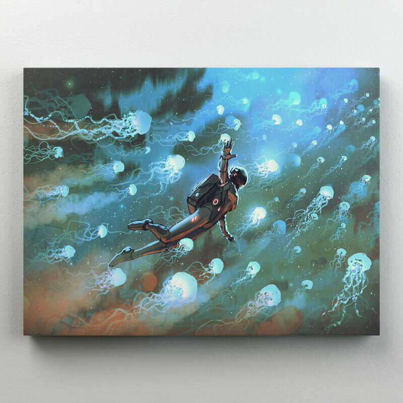Интерьерная картина на холсте "Аквалангистка среди светящихся медуз" размер 30x22 см