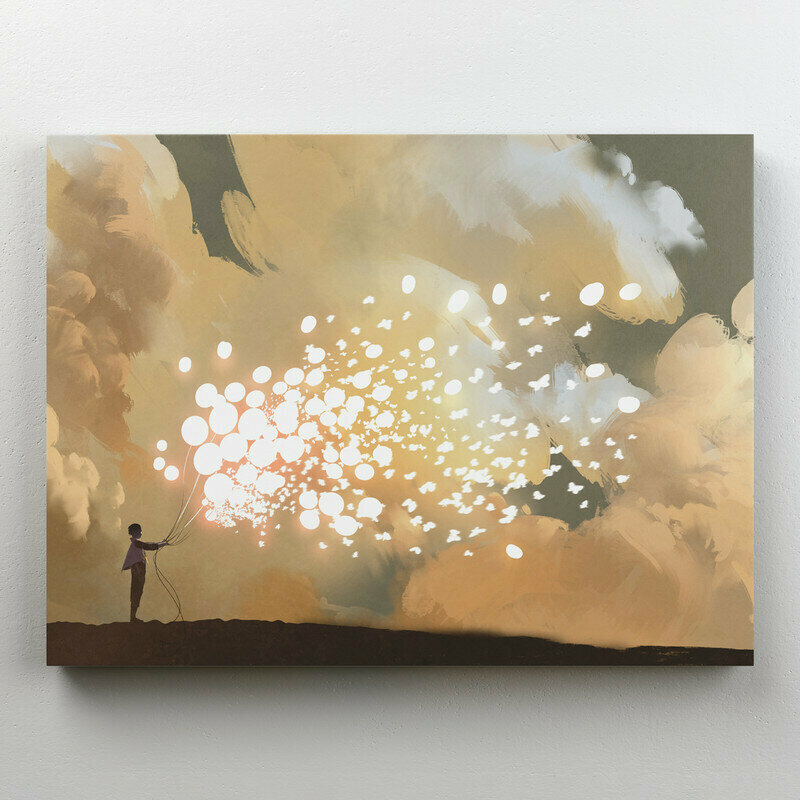 Интерьерная картина на холсте "Мальчик выпускает в небо связку светящихся воздушных шаров" размер 60x45 см