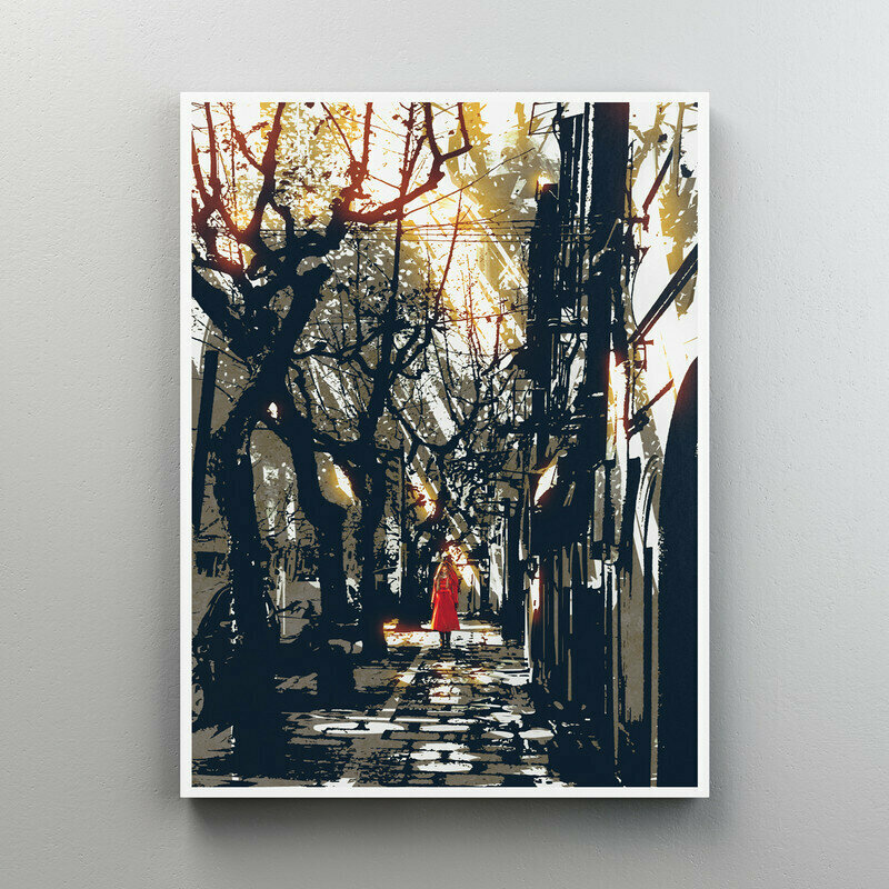 Интерьерная картина на холсте "Девушка в красном пальто, стоящая на дорожке в городском парке" размер 22x30 см