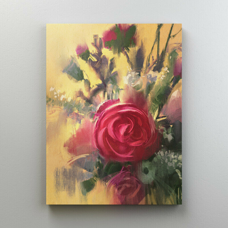 Интерьерная картина на холсте "Кустовые красные розы на желтом фоне - арт" размер 30x40 см