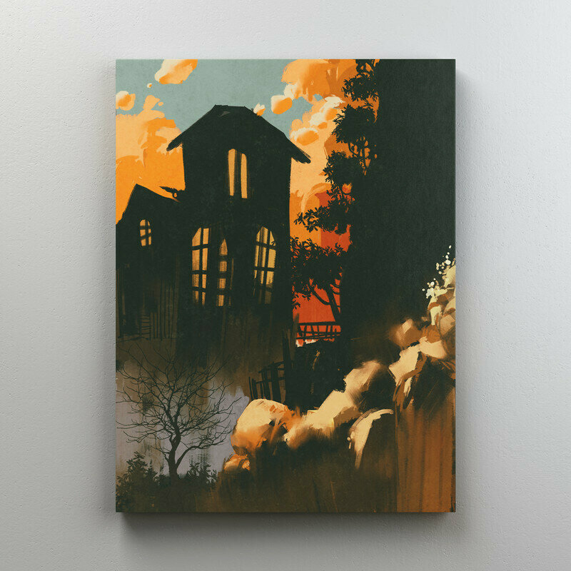 Интерьерная картина на холсте "Домик в горах среди скал" размер 22x30 см