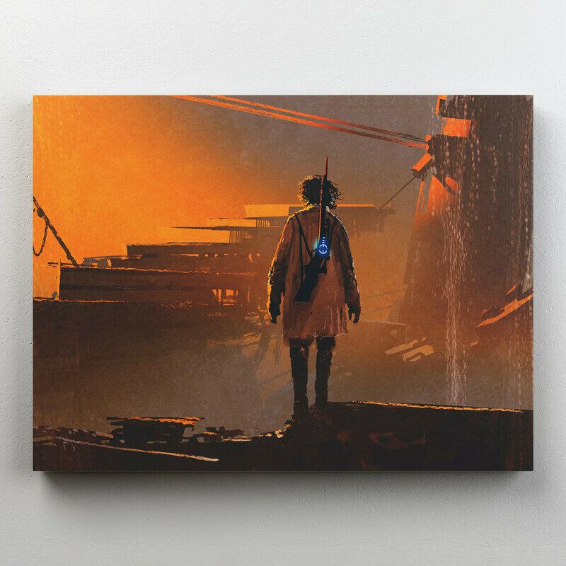 Интерьерная картина на холсте "Одинокий солдат с футуристическим оружием за спиной" размер 40x30 см