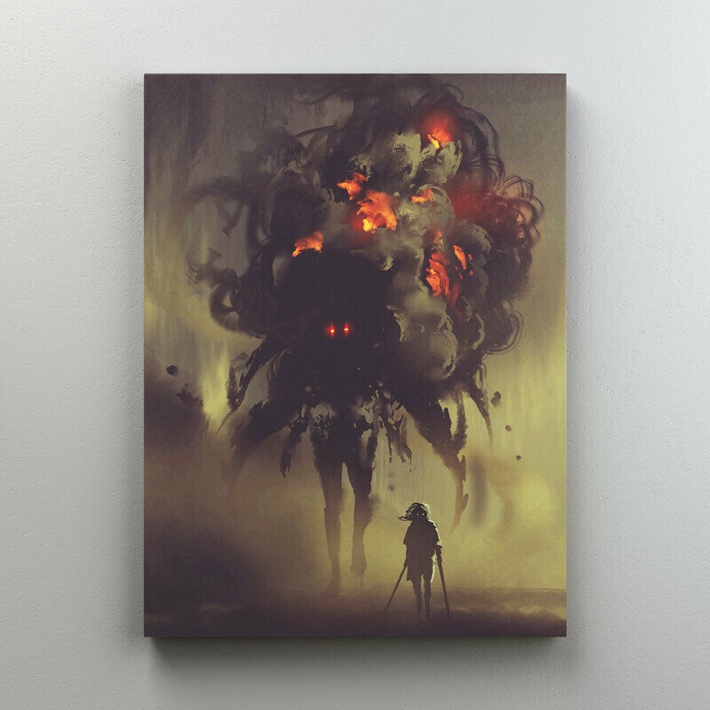 Интерьерная картина на холсте "Дымовой монстр и воин с двумя мечами" размер 22x30 см