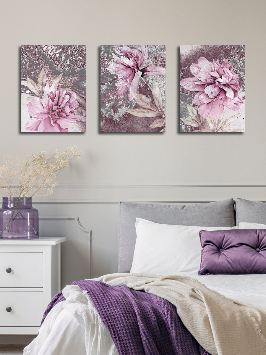 Картины на холсте с подрамником LOFTime 3 шт 30Х40см сиреневые пионы К-361-3040
