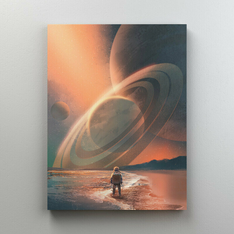 Интерьерная картина на холсте "Космонавт стоит на пляже и смотрит на планеты в небе" размер 22x30 см