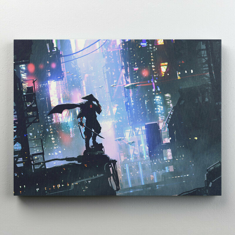 Интерьерная картина на холсте "Арт - самурай в Нео Сеуле" размер 60x45 см