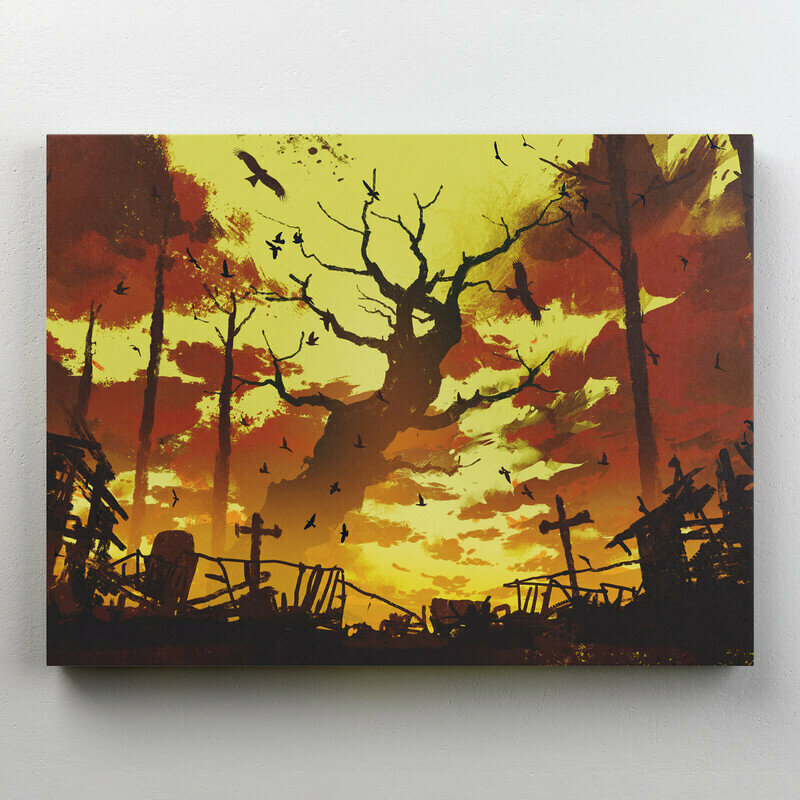 Интерьерная картина на холсте "Арт - вороны парят над кладбищем" размер 30x22 см