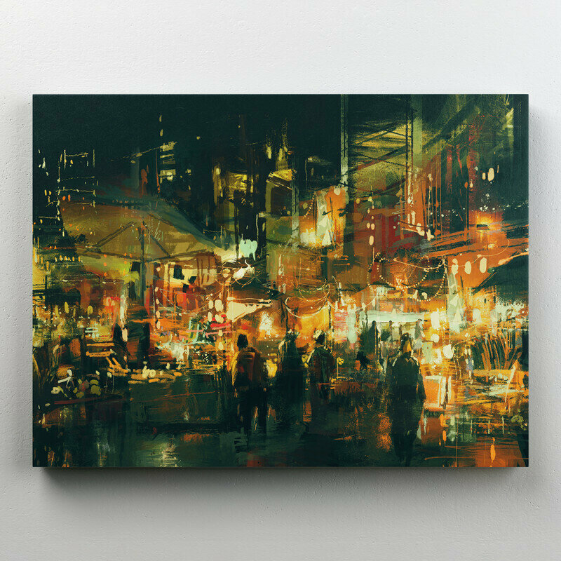 Интерьерная картина на холсте "Живопись - люди гуляют по ночному рынку" размер 30x22 см