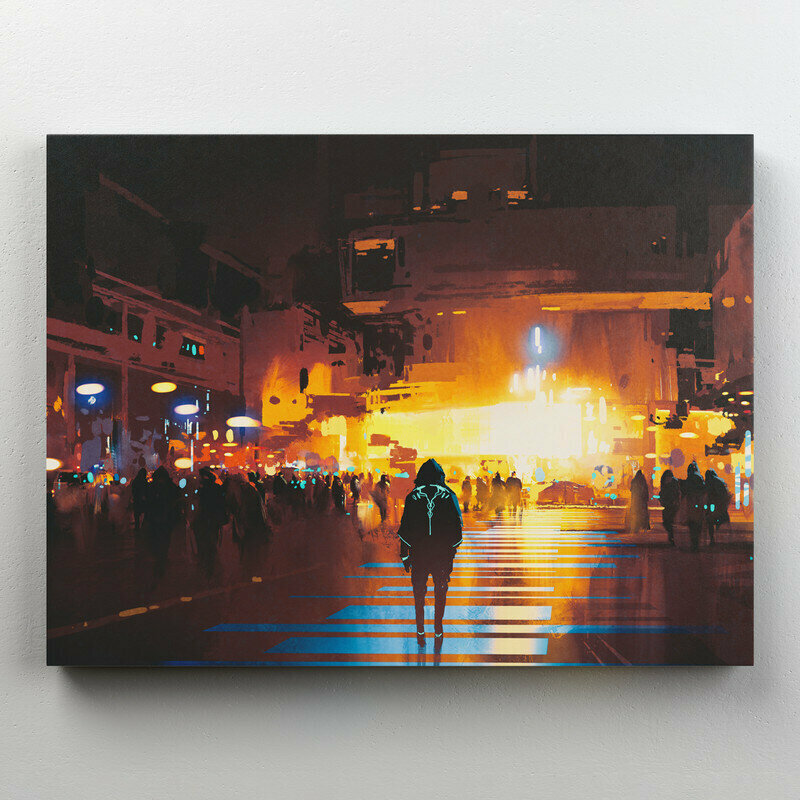 Интерьерная картина на холсте "Человек в футуристической одежде переходит дорогу" размер 30x22 см