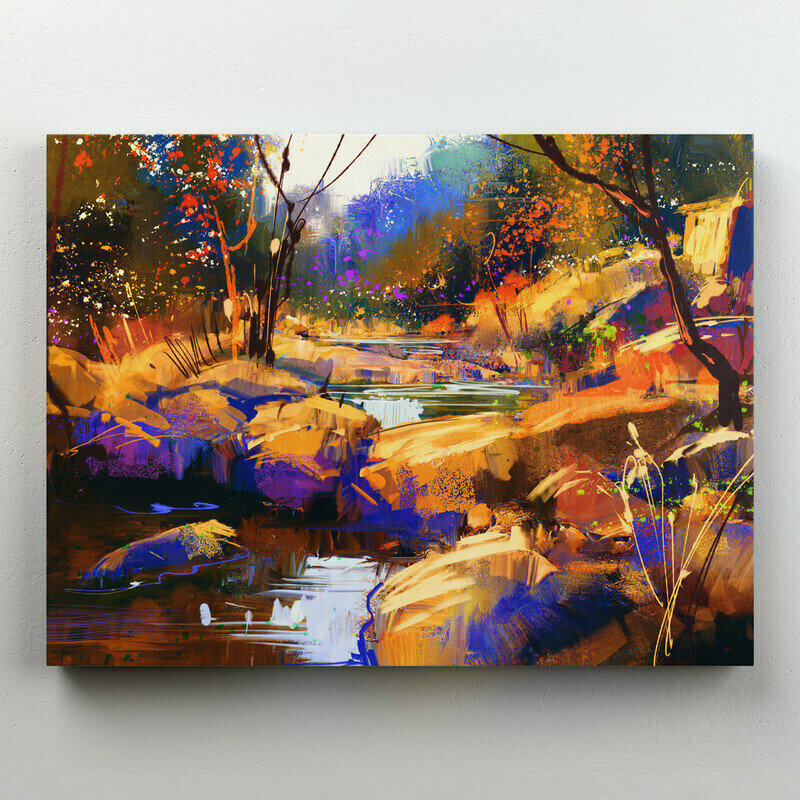 Интерьерная картина на холсте "Горная река в осеннем свете - импрессионизм" размер 40x30 см