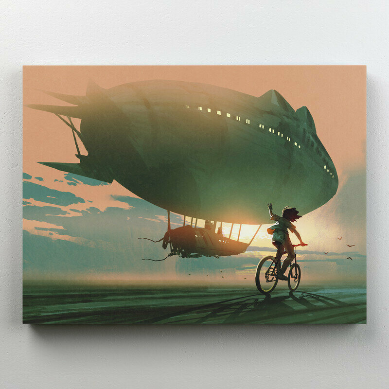 Интерьерная картина на холсте "Девочка на велосипеде машет улетающему дирижаблю" размер 60x45 см