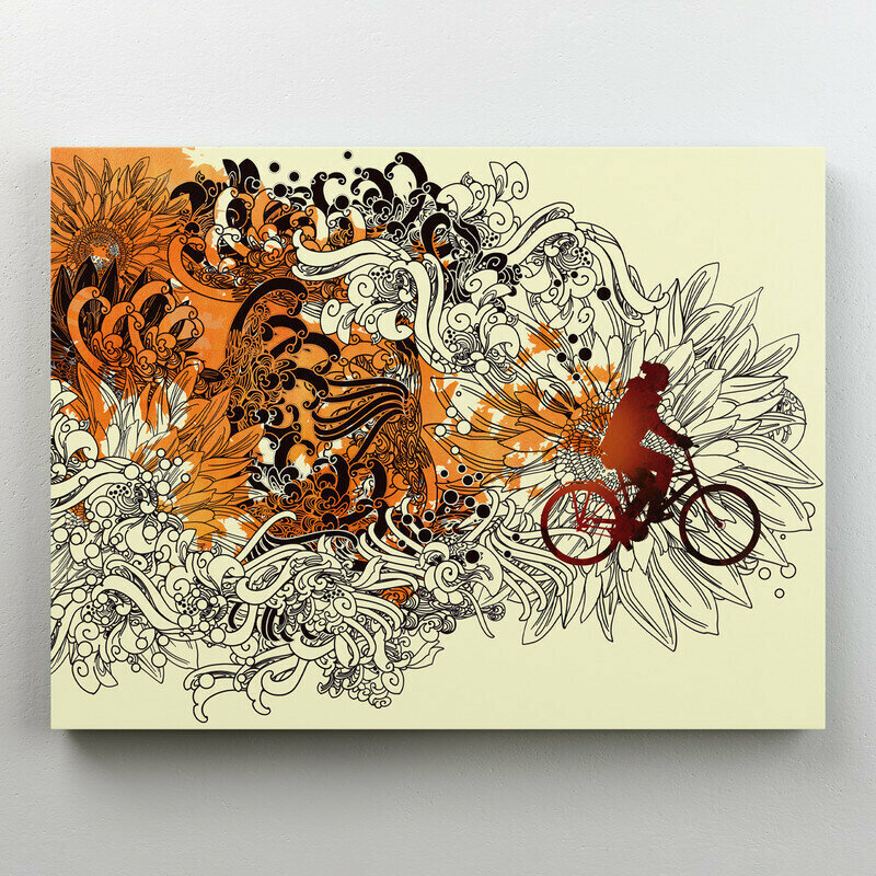 Интерьерная картина на холсте "Скетч - велосипедист в узорах" размер 60x45 см