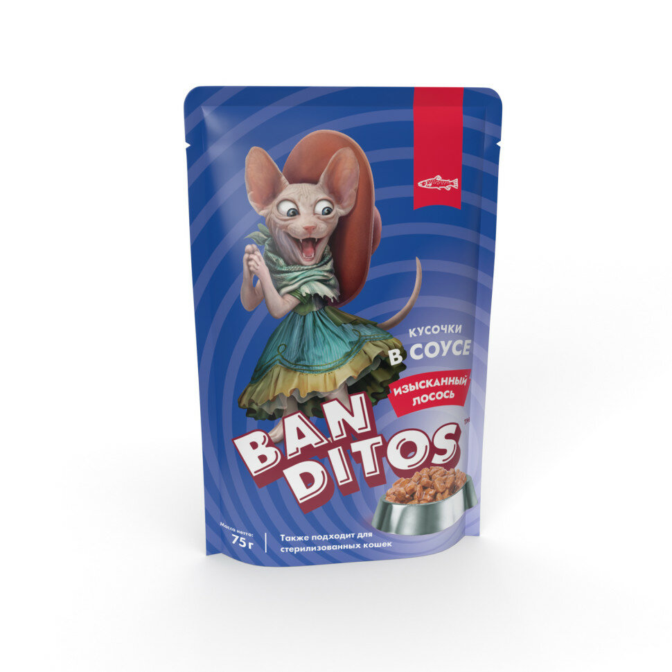Banditos влажный корм для взрослых кошек, с изысканным лососем, кусочки в соусе, в паучах - 75 г x 24 шт