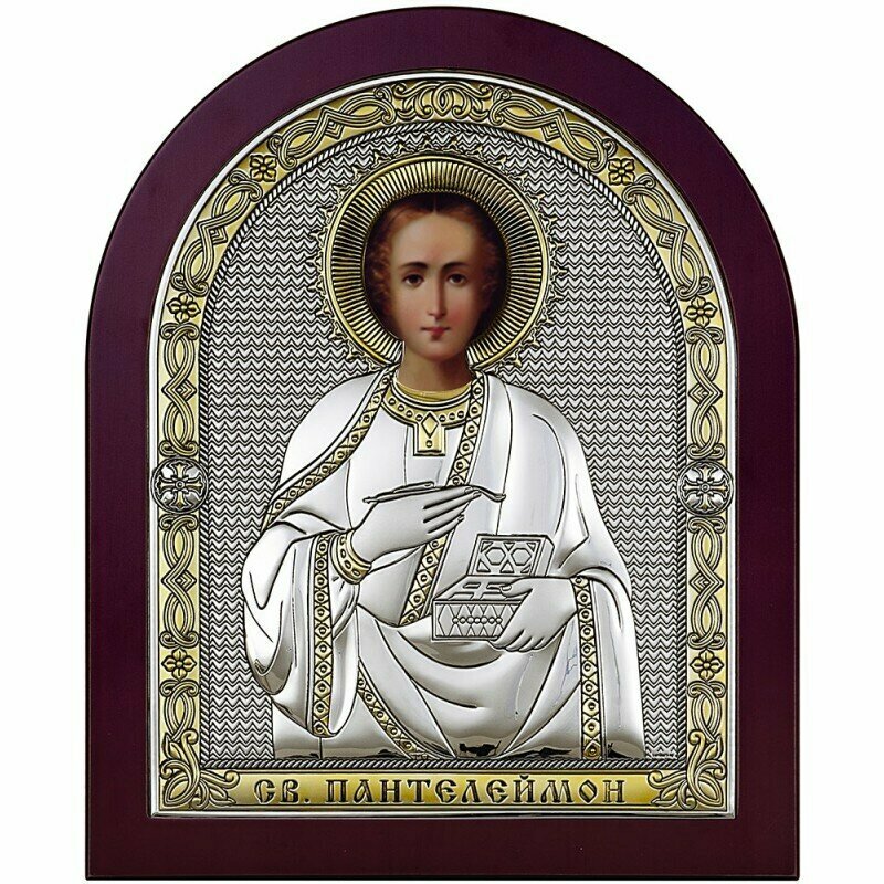 Икона "Святой Пантелеймон" / Пантелеймон Целитель / Икона на дереве с серебрением / 8х10 см / Италия Beltrami / 6405/1OW