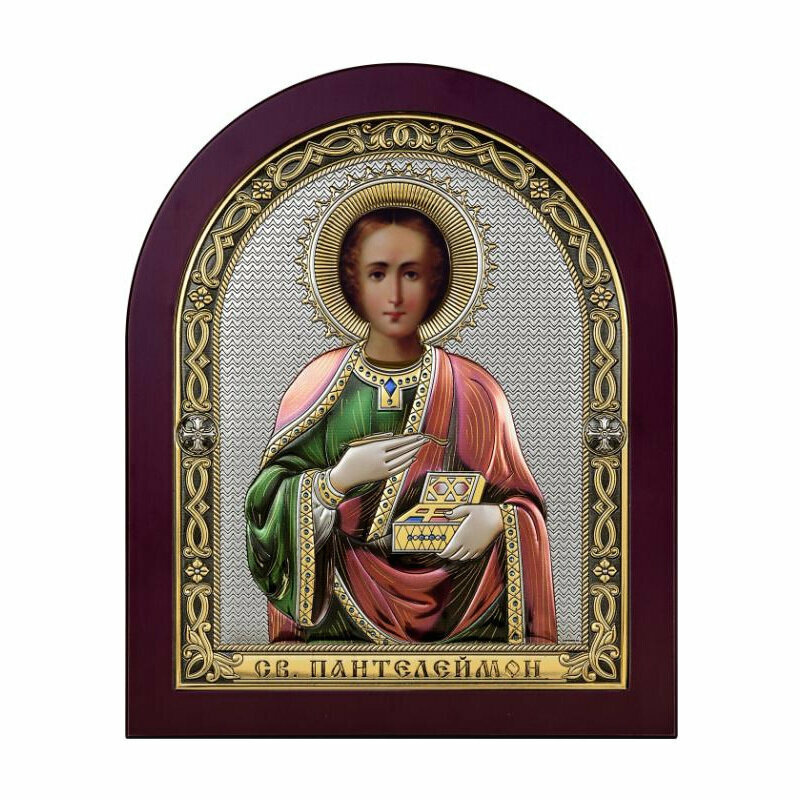 Икона "Святой Пантелеймон" / Пантелеймон Целитель / Икона на дереве с серебрением / 14x12 см / Италия Beltrami / 6405/2CW