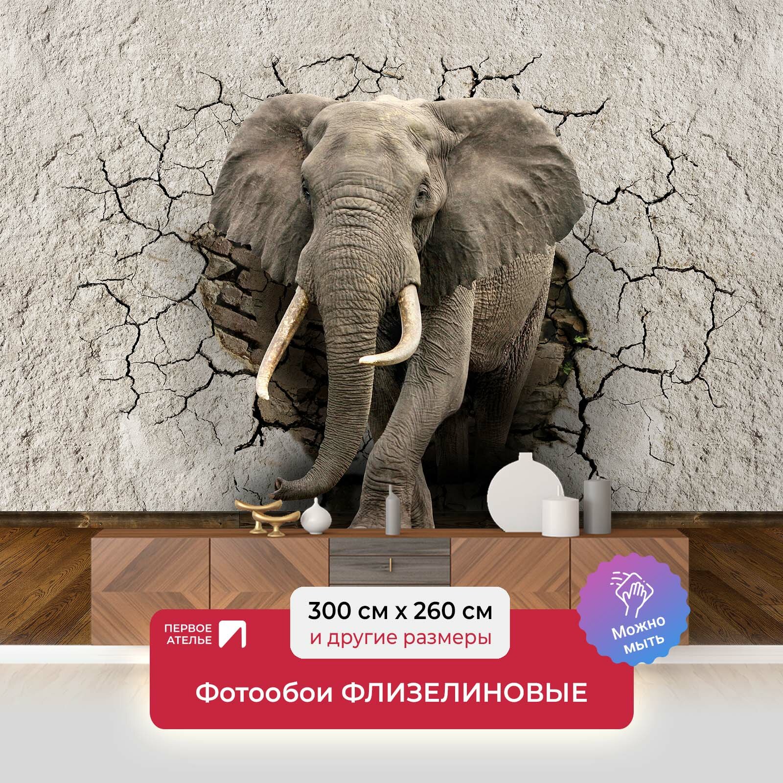 Фотообои на стену первое ателье "Слон из треснувшей стены" 300х260 см (ШхВ), флизелиновые Premium