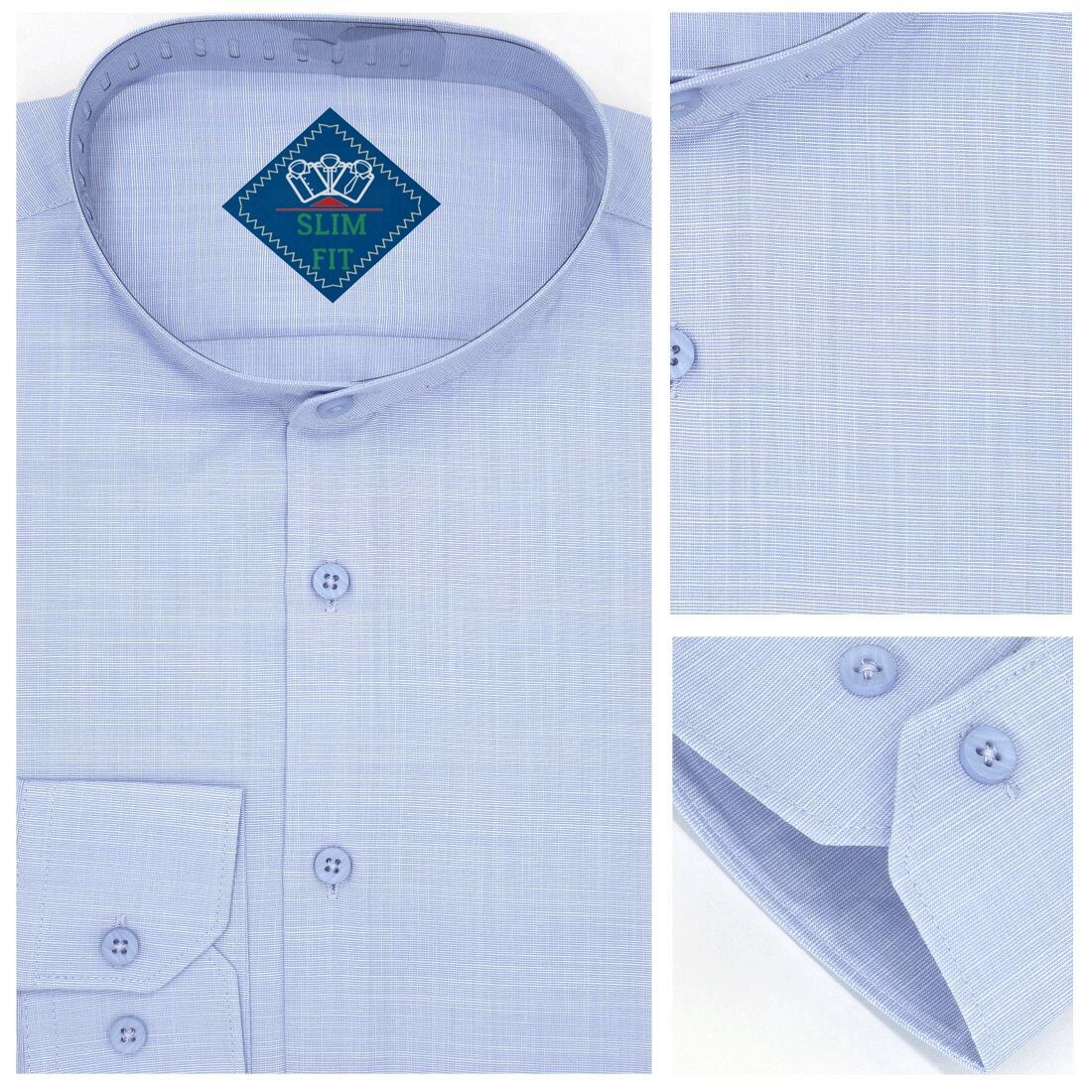 Рубашка Рубашка мужская с длинным рукавом, приталенная, светлая сорочка, на пуговицах, рубаха на любой сезон, стильный фасон одежды, голубая, однотонная, без карманов, стойка