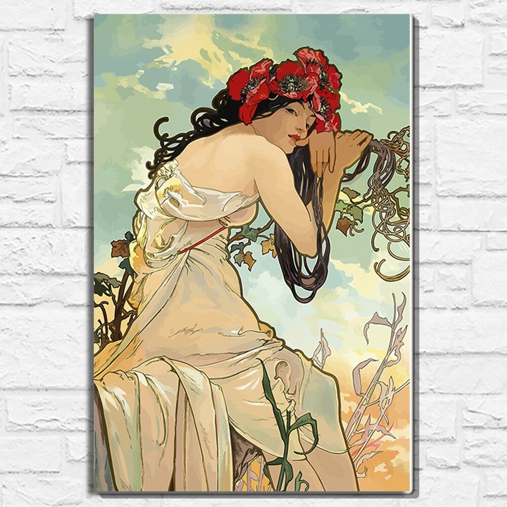 Картина по номерам на холсте классическая живопись Альфонс Муха (осень, цветы, женщина) - 12603 В 60x40