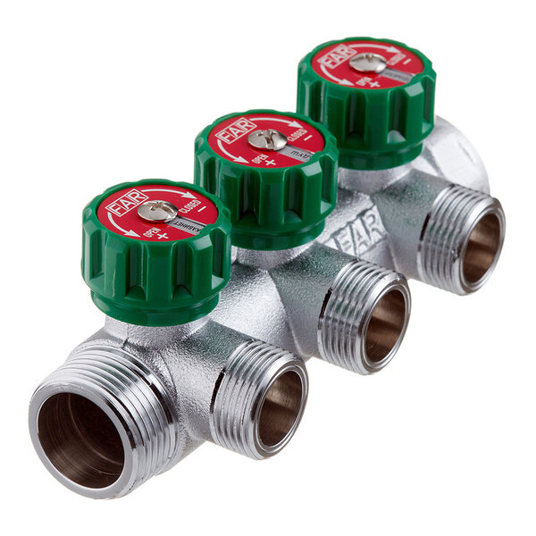 Коллектор FAR 1"х1/2" 3 выхода под плоскую прокладку хромированный с вентилями