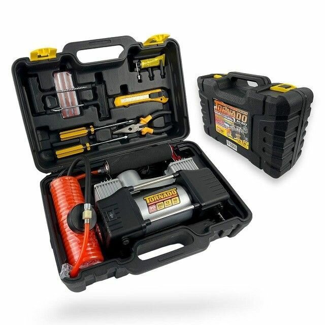 Компрессор торнадо AC 807 В кейсе + шин. инструмент 90 л/мин двухцилиндровый с фонарем 12V