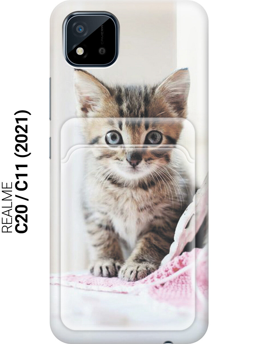Чехол с карманом для карт на realme C20 / C11 (2021) / Рилми С20 / С11 (2021) с принтом "Милый котенок"