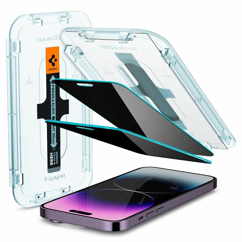 Защитное стекло Spigen на iPhone 14 Pro Max (AGL05203) EZ FIT GLAS.tR Privacy 2 шт / Спиген стекло для Айфон 14 Про Макс, прочное, олеофобное покрытие, антишпион