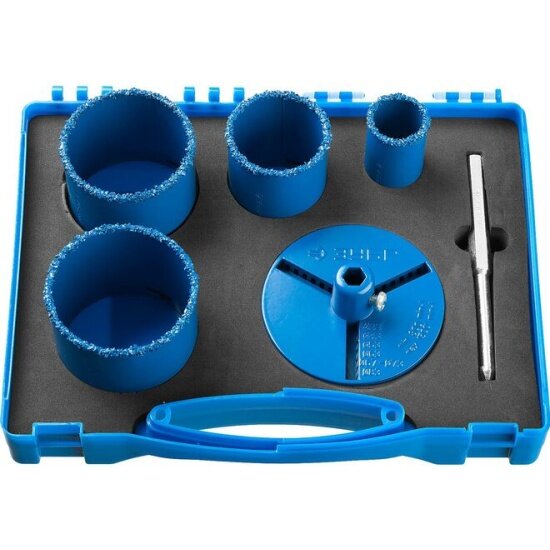 Набор кольцевых коронок Зубр "Профессионал" c карбид-вольфрамовым нанесением, 6 предм. в кейсе: коронки d 33, 53, 67, 73 мм, основание, сверло 33350-H