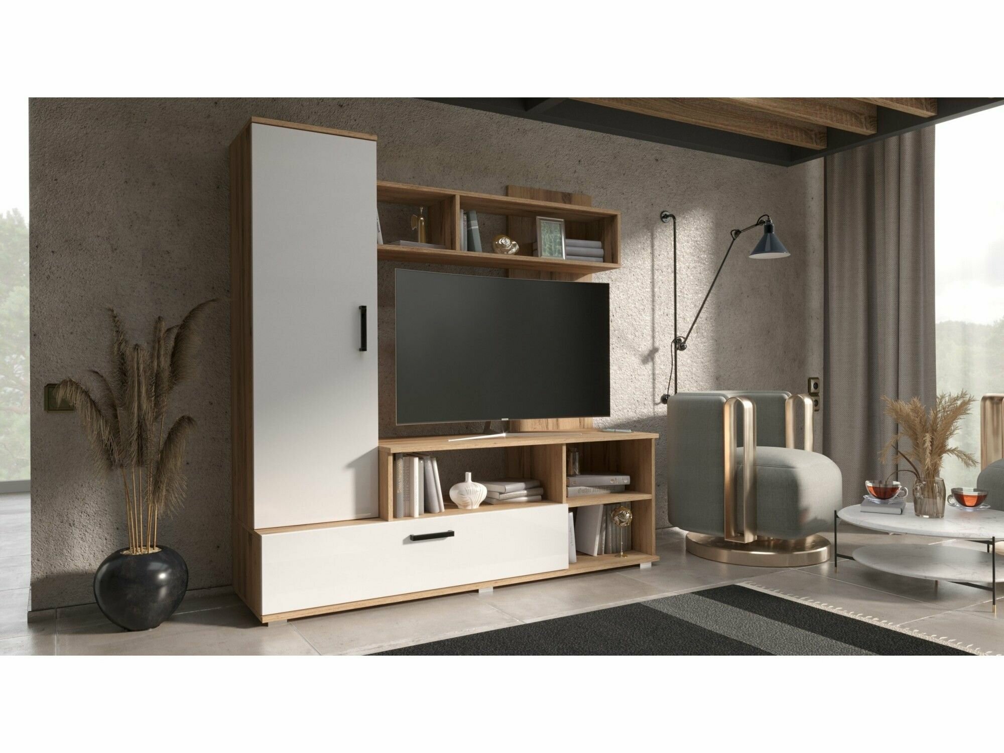 Стенка для гостиной "Мини" Белый глянец холодный/Дуб крафт