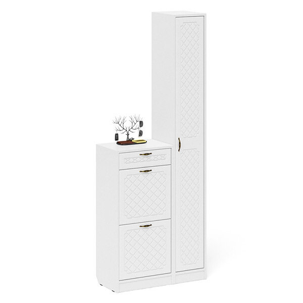 Прихожая П-6 Компоновка № 22, цвет белая шагрень/фасады МДФ белое дерево фрезеровка ромб