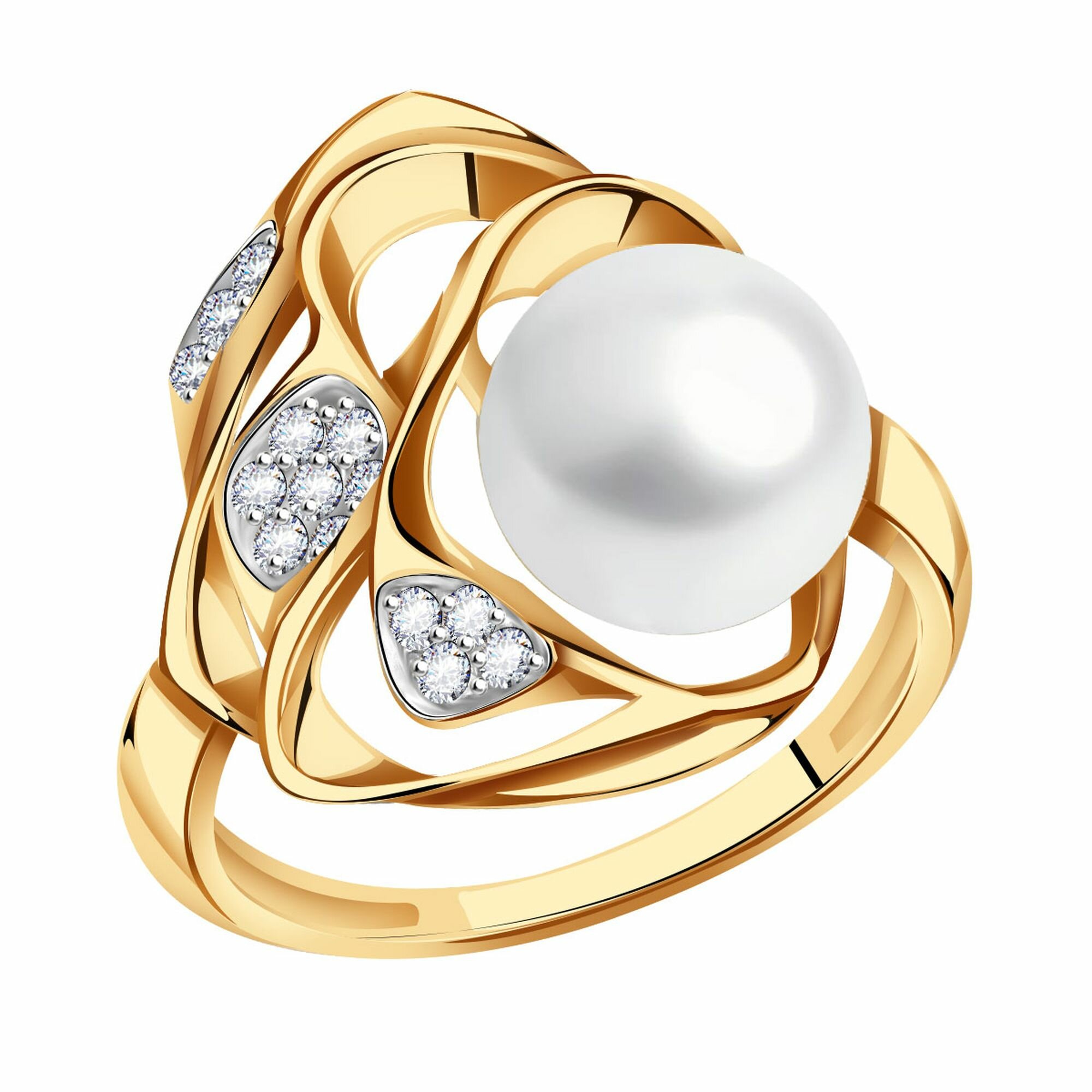 Кольцо, красное золото, 585 проба, жемчуг, фианит