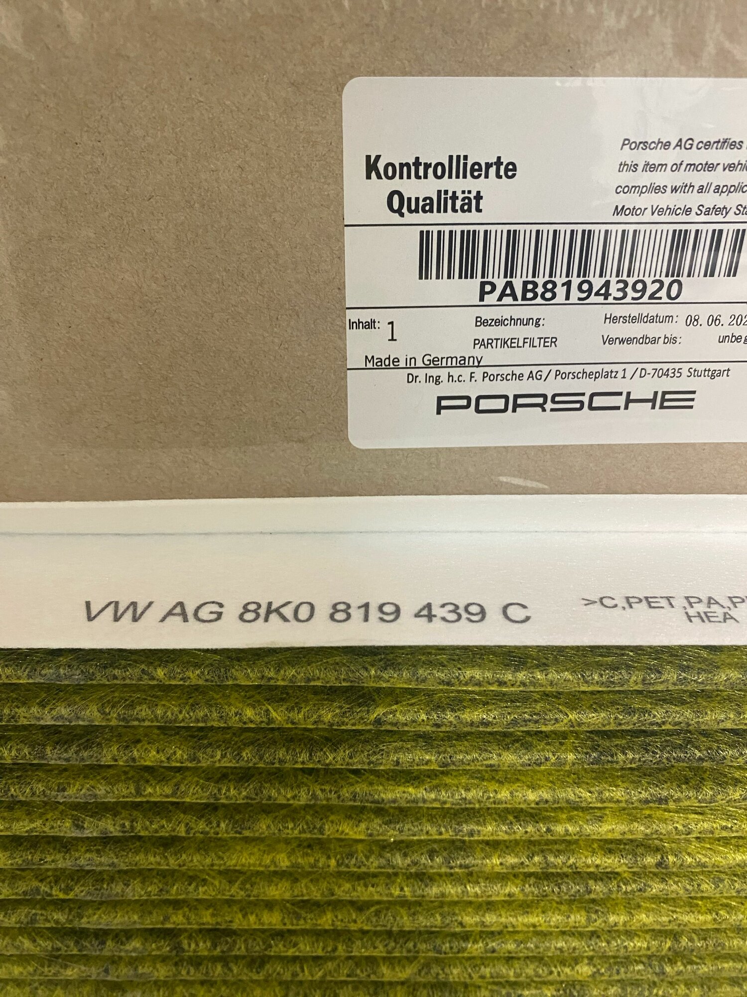 Фильтр салонный PORSCHE /Порше PAB81943920