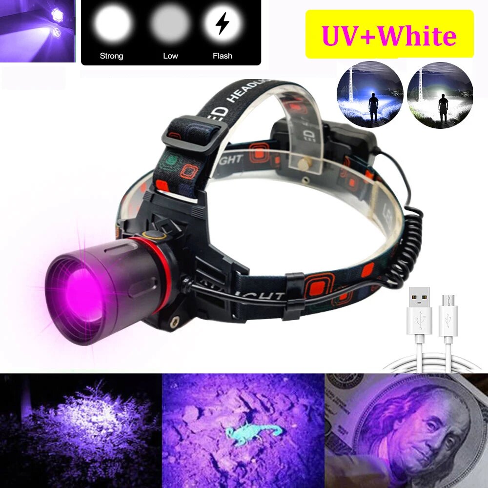 USB-налобный фонарь с двойным светом (белый+зеленый/красный/УФ 395 нм), Белый, White UV No Battery