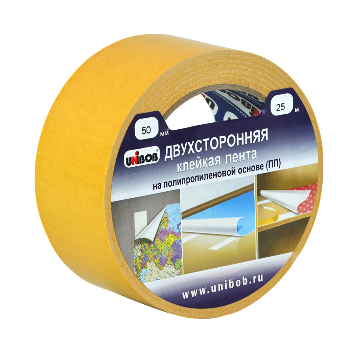 Скотч двусторонний 38 мм х 10 м "Unibob", матово-прозрачный, 1шт