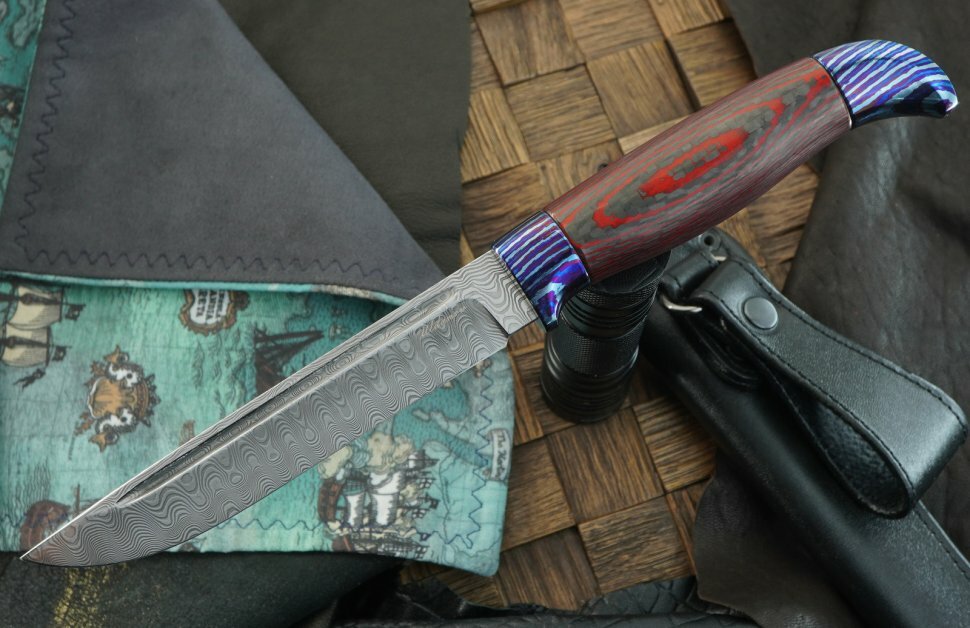 Мастерская Ульданова нож Финка, клинок нержавеющий дамаск, рукоять тимаскус/карбон