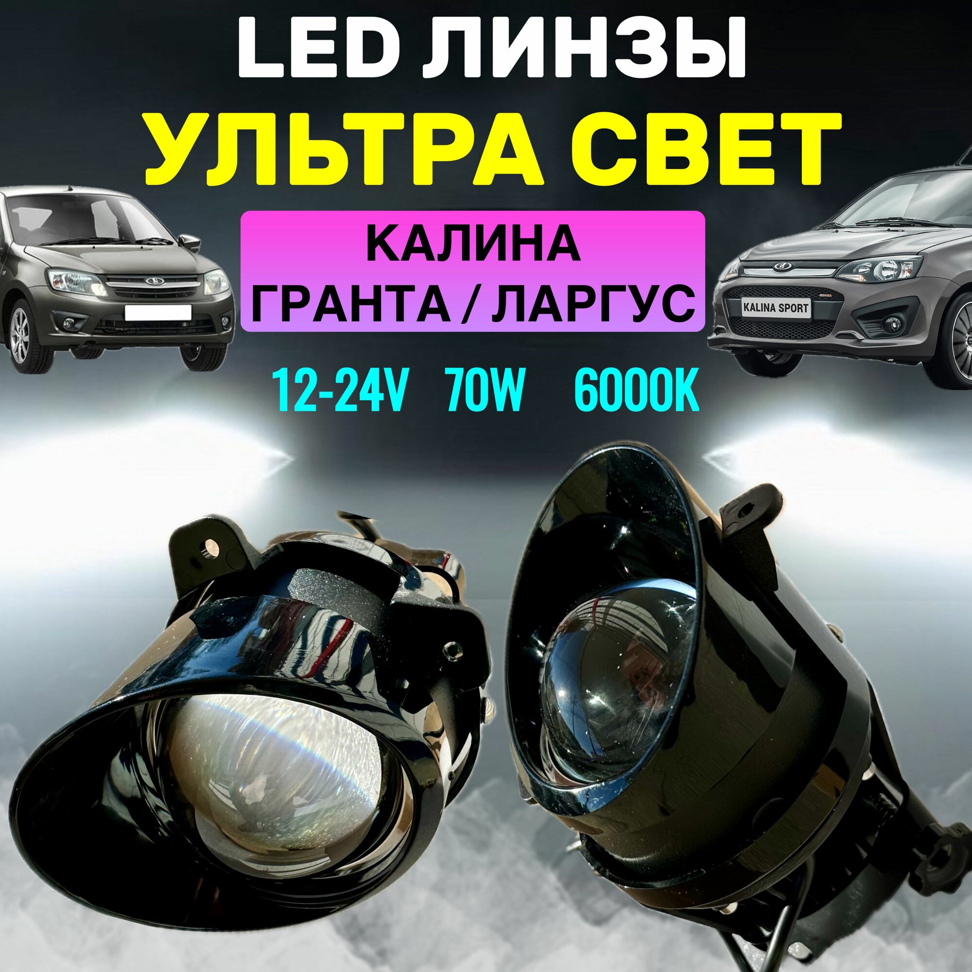 Светодиодные Линзы bi Led ПТФ Гранта, Калина, Ларгус, Датсун/70ВТ/6000К/2 шт
