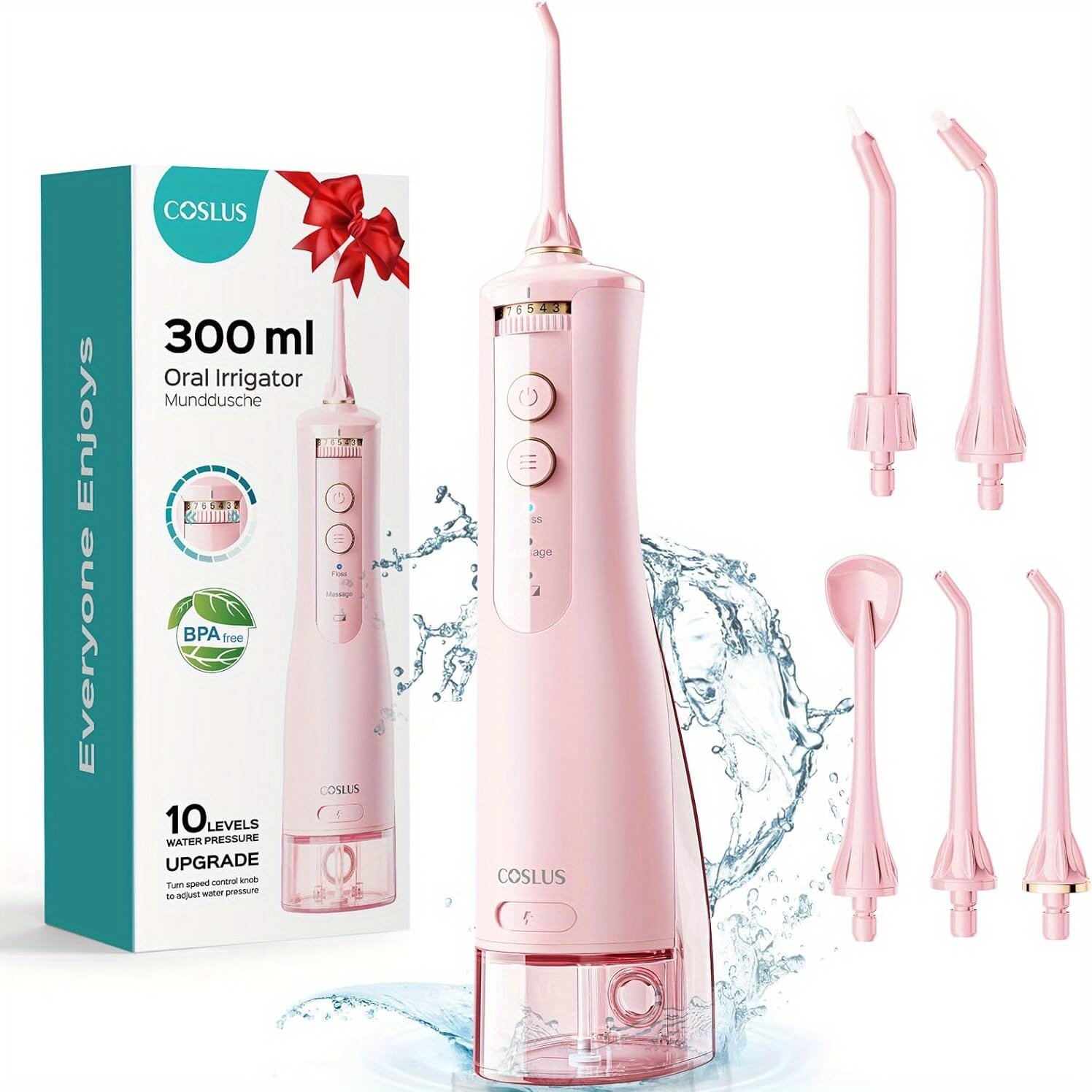 Ирригатор для полости рта COSLUS, портативный беспроводной, 10 уровней давления, большой резервуар 300 унций, USB-зарядка, розовый