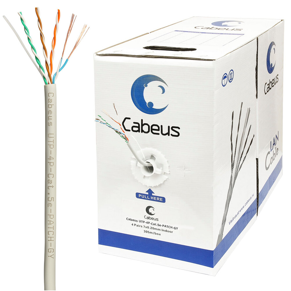 Кабель витая пара Cabeus UTP-4P-Cat.5e-PATCH-GY U/UTP кат. 5e 4 пары 7x0.20мм 305 м